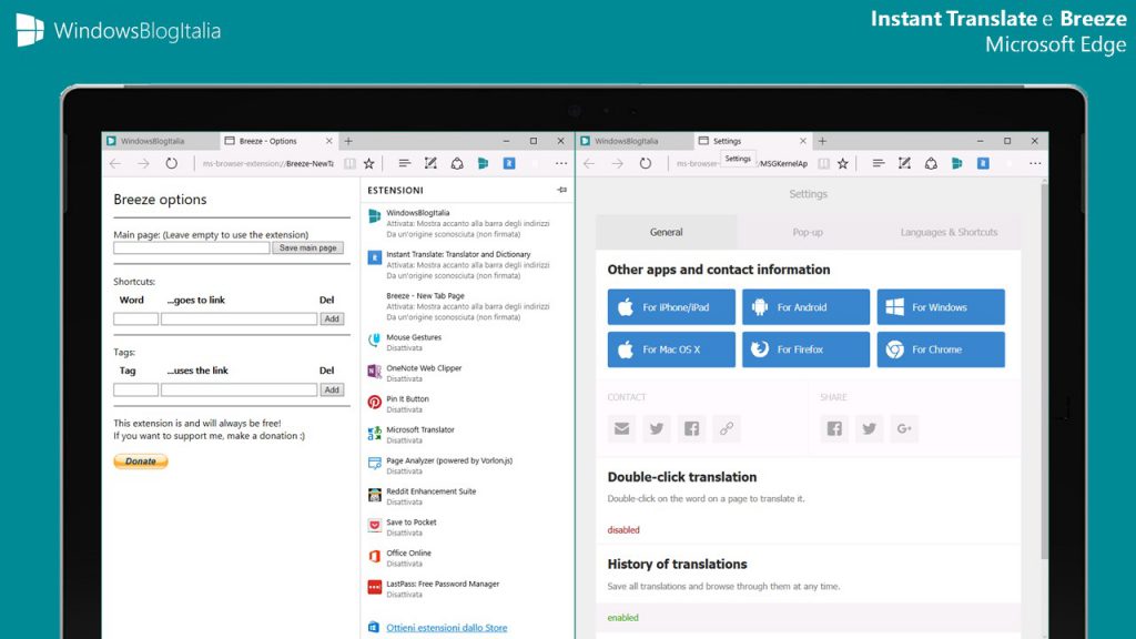 Instant Translate e Breeze, due nuove estensioni per Microsoft Edge