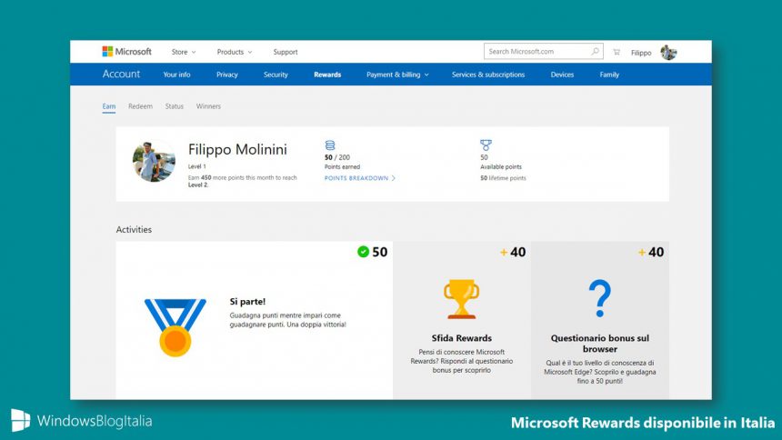 Microsoft Rewards disponibile in Italia, accumulate punti con Edge e Bing