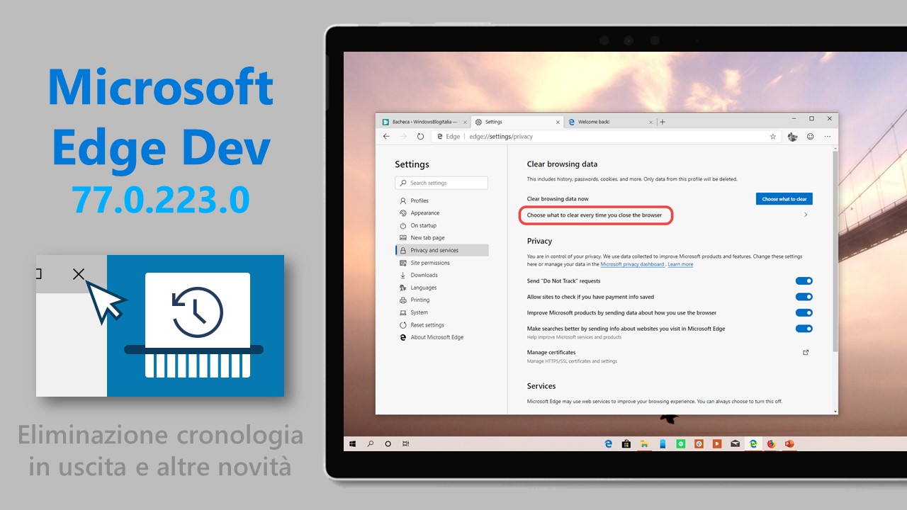 Microsoft Edge Dev introduce la cancellazione della cronologia in chiusura