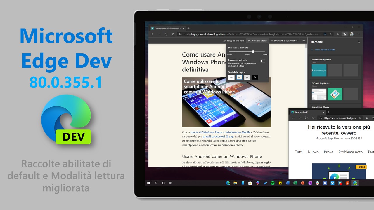 Microsoft Edge Dev abilita le Raccolte e migliora la Modalità lettura