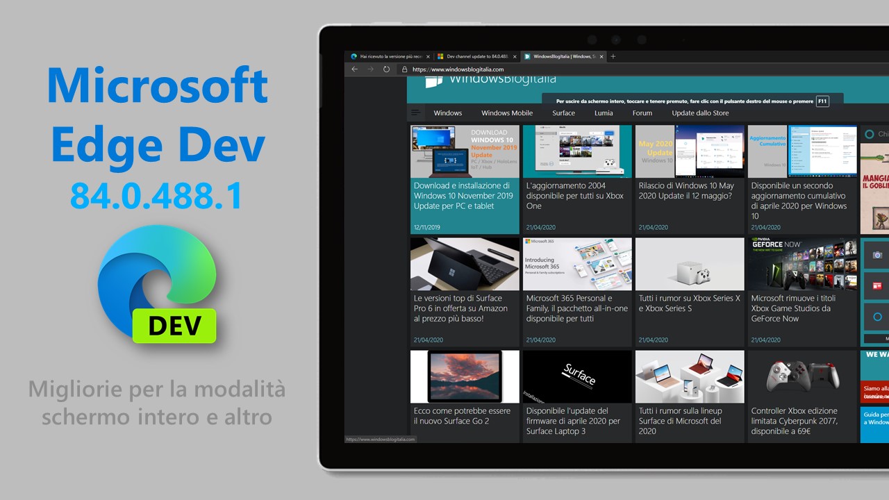 Microsoft Edge Dev migliora la modalità schermo intero